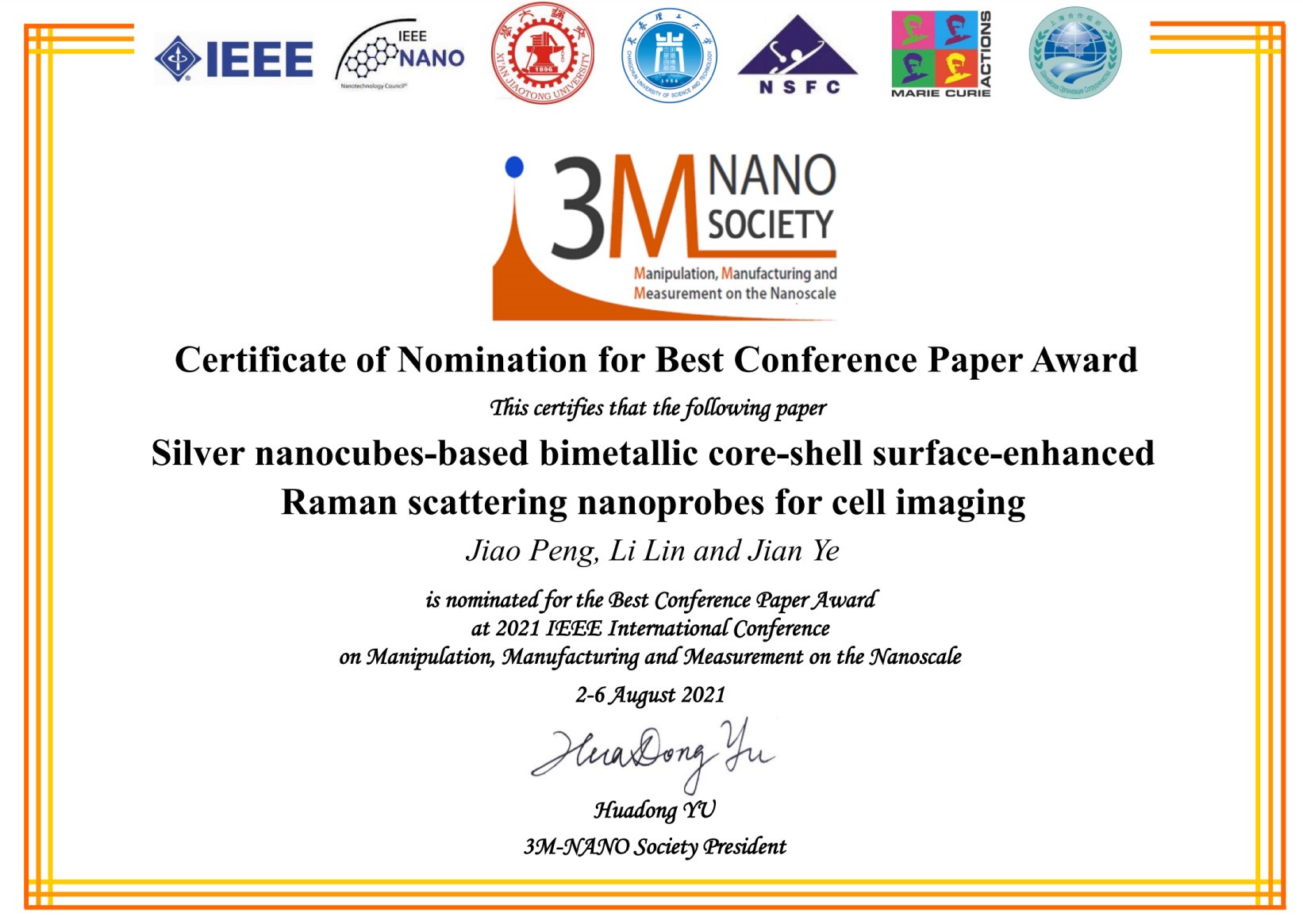 SJTU - Ye Lab - 彭姣荣获2021年IEEE 3M-NANO国际会议“最佳论文提名奖”